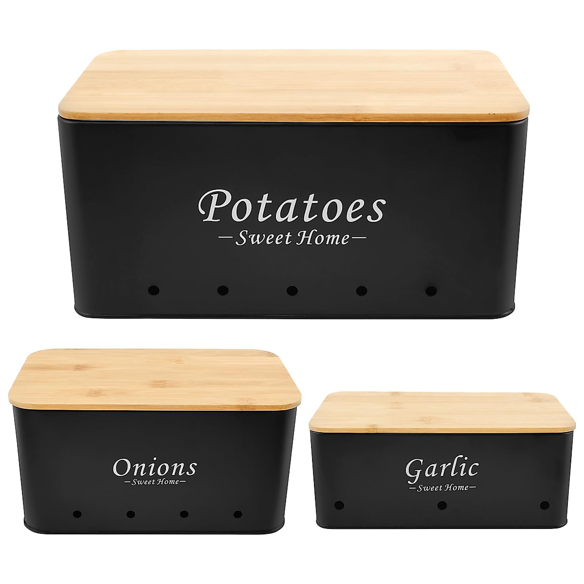 WHSUNVO 3Pcs Onion Garlic Potato Storage Box Set Carbon Steel Potato Onion Storage Bin with Vent Hole Multipurpose Vegetable Keeper Containers Potato Onion Garlic Jars Storage Canisters(Black)