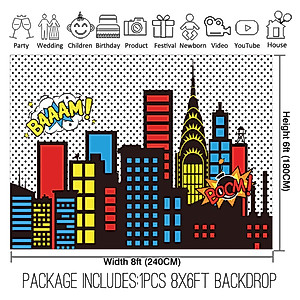 Allenjoy 96" x 72" Superhero Themed Backdrops Super City Skyline Buildings Children Birthday Supplies Favors Decorations Photography Party Event Banner Photo Studio Booth Background Baby Shower Vinyl