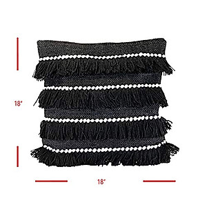 Foreside Home & Garden FIPL09795 Black Decorative Striped Woven 18x18 Outdoor Throw Pillow with Hand Tied Fringe