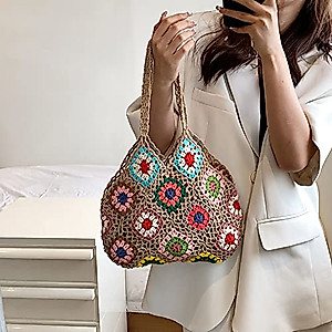 JQAliMOVV Crochet Tote Bag - Cute Flower Knitting Tote Bags Aesthetic Trendy Crochet Beach Bag Y2K Shoulder Bag Handbag Boho Bag (Khaki)