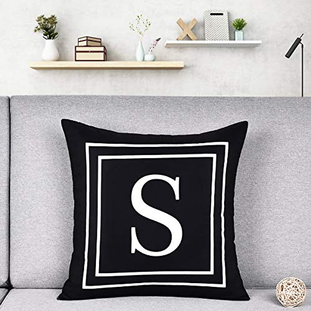 Yastouay Pillow Covers English Alphabet S Throw Pillow Cover Black Throw Pillow Case Modern Cushion Cover for Sofa Bedroom Chair Couch Car (Black, 18 x 18 Inch)