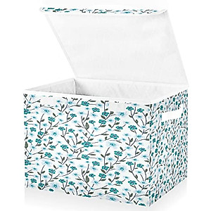 Kigai Storage Basket Blue Floral Storage Boxes with Lids and Handle, Large Storage Cube Bin Collapsible for Shelves Closet Bedroom Living Room, 16.5x12.6x11.8 In