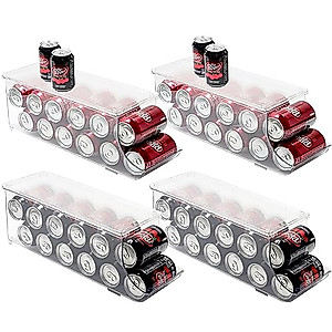 Stackable Soda Can Organizer for Refrigerator (12 Cans), Drink Organizer for Fridge, Pantry, Countertop, Cabinet with Lid, Clear Plastic Canned Food Pantry Storage Rack, 4 Pack