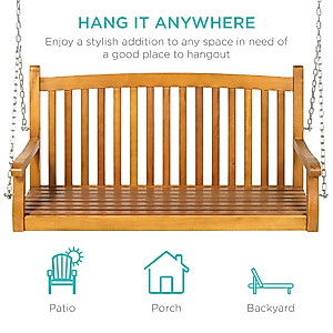 Best Choice Products 48in Wood Porch Swing Outdoor Patio Hanging Bench Chair Furniture for Deck, Garden, Yard w/Mounting Chains, Curved Back Design, 500lb Weight Capacity - Brown