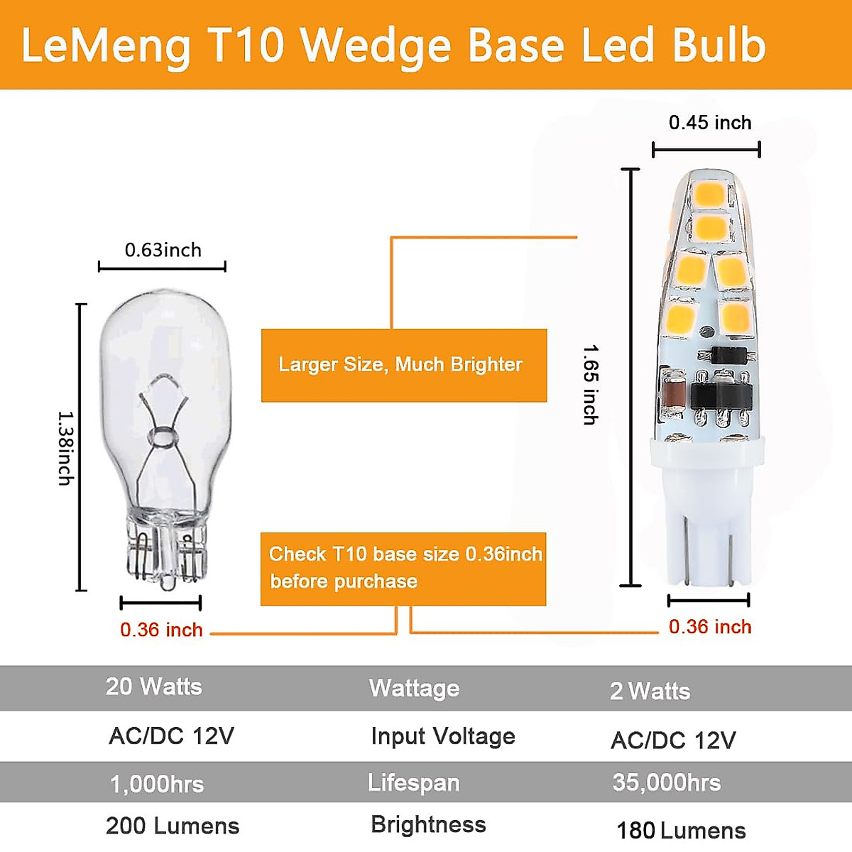 T5 T10 Wedge Base 2W LED Bulb 3000K Warm White for 12V 24volt Landscape Path Light, 921 922 912 194 168 T10 wedge RV Camper Trailer Motorhome Marine Boat Dome Light, 6 Pack