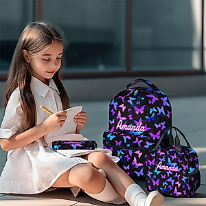 GIHSWE Custom Butterfly Backpack with Lunch Box, Personalized Set of 3 School Backpacks Matching Combo, Cute Lightweight Purple Bookbag and Pencil Case Bundle
