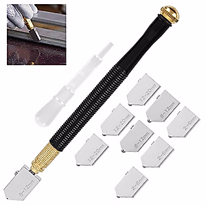 Glass Cutter Tool Set, 2mm-20mm Mirror Cutting Tools Glass Cutter for Thick Glass Mirrors Tiles Mosaic, Pencil Style Oil Feed Carbide Tip with 3 Types 8 Replacement Heads, Screwdriver and Oil Dropper