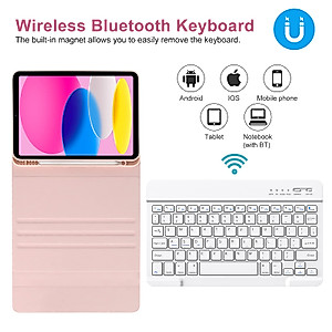 TQQ iPad 10th Generation Case with Keyboard (10.9", 2022),iPad Keyboard Case for 10.9" 10th Gen, Detachable - Pencil Holder - Flip Stand Cover - Keyboard Case for iPad 10th Gen Pink