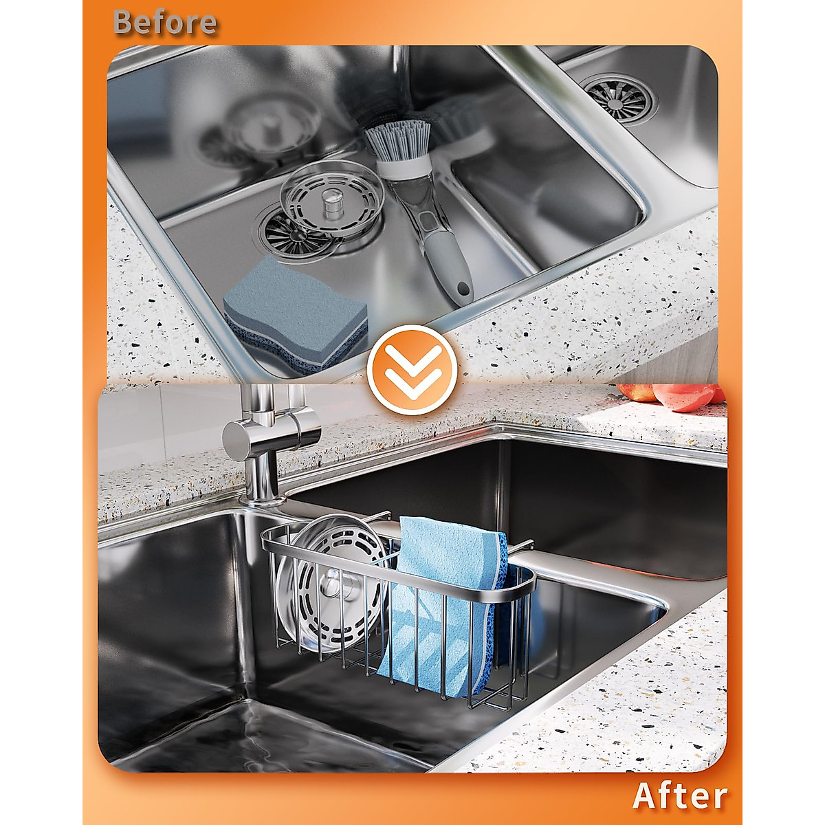 SWTYMIKI Sponge Holder for Kitchen Sink with Partition, Movable Kitchen Sink Caddy with Compact Size Rustproof and Waterproof Hanging Sink Sponge Caddy for Double Bowl Sinks, Silver