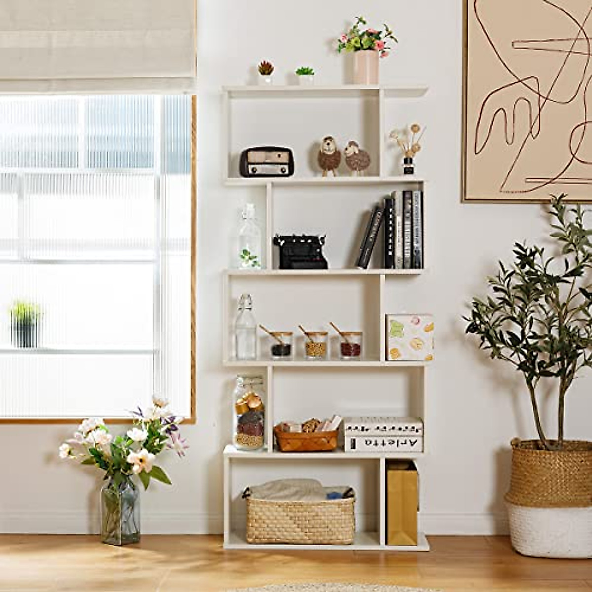 TinyTimes 5-Tier Wooden Bookcase, S-Shape Display Shelf and Room Divider, Freestanding Decorative Storage Shelving, 63'' Tall Bookshelf -White