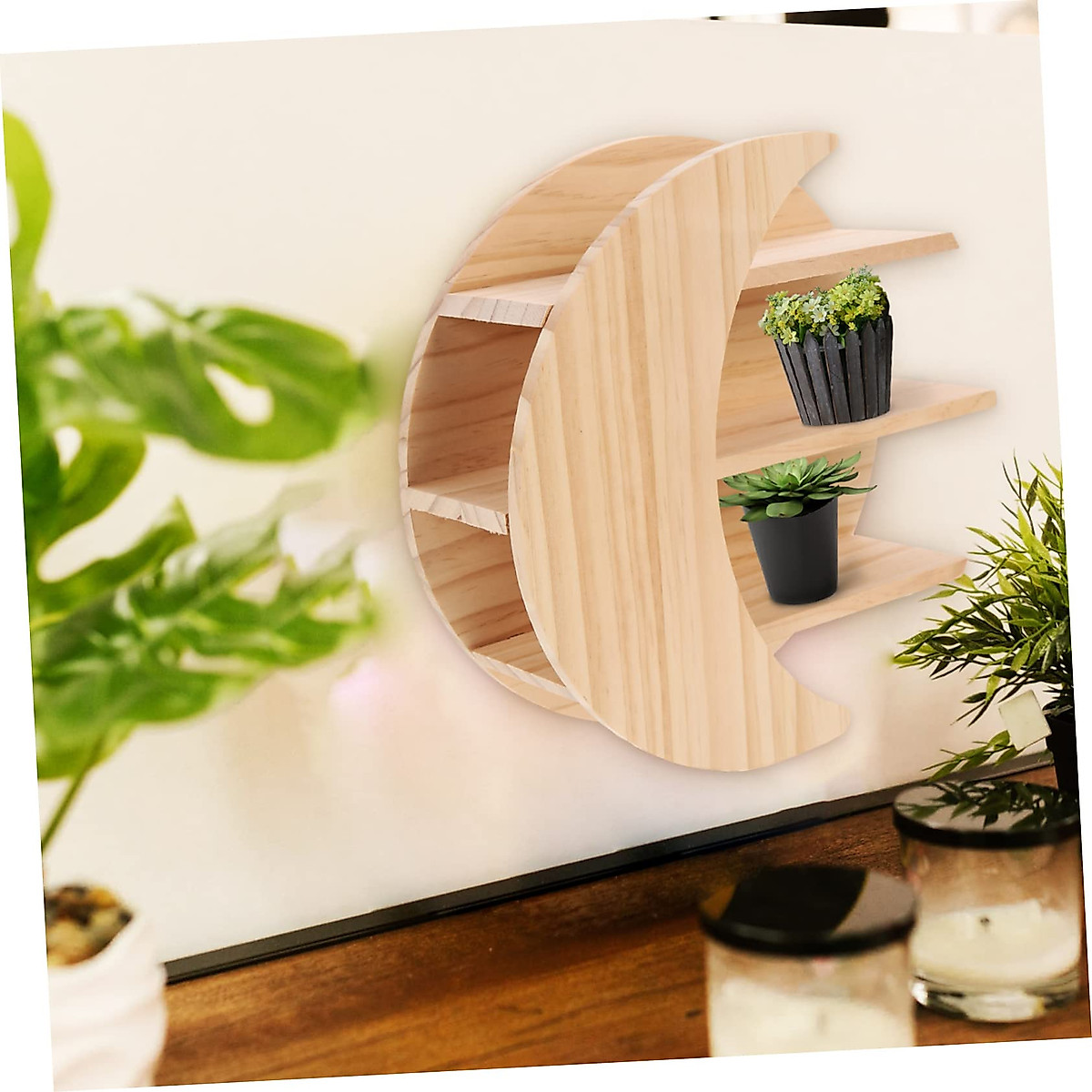 Garneck Moon Wall Mount Rustic Crystal Shelf Hanging Floating Shelves Bathroom Wall Shelf Stones Photo Frame Shelf Essential Picture Frame Stand Floating Rack Wooden Flower Pot Stand