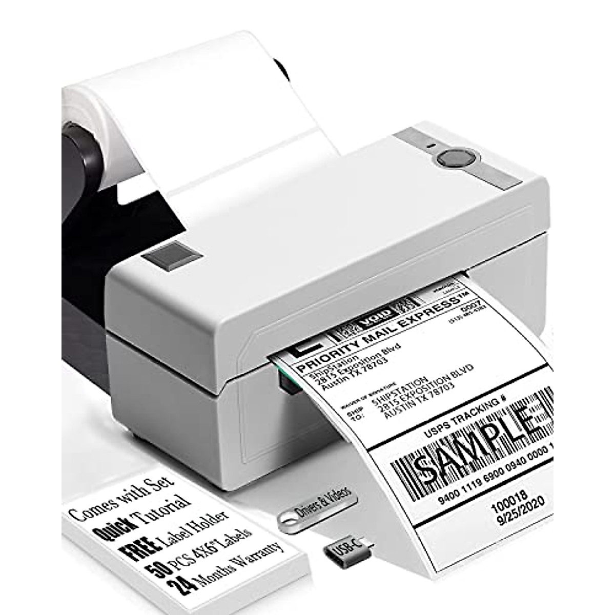 Memoking Thermal Shipping Label Printer with Label Holder - High Speed Desktop Label Printer for Shipping Packages for Windows & MacOS - HD 4x6 Shipping Label Printer for Small Business Package/Logo
