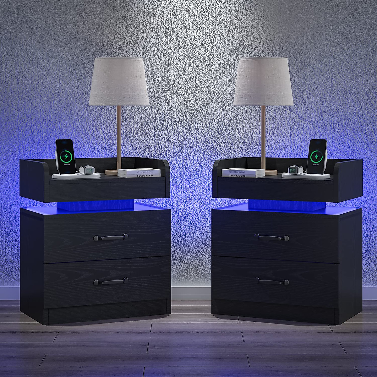 4ever2buy Black Night Stand with LED Light, Bedroom Night Stand Charging Station, LED Nightstand with 2 Drawers, Bedroom Side Table for Bedroom, Living Room