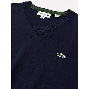 Lacoste Men's Long Sleeve Regular Fit V-Neck Organic Cotton Sweater, Navy Blue, X-Large