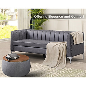 Morden Fort Living Room Chair and Sofa Couch Set, 2 Pieces of Modern Minimalist Upholstered Faux Leather Furniture with Metal Legs for Bedroom, Apartment, Lounge Room Grey