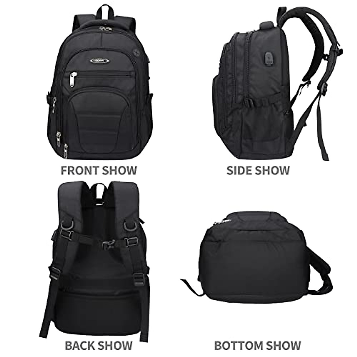 15.6 Inch Padded Laptop Backpack, 32L Business Travel Backpack with USB Charging Port Earphone Port, Waterproof College School Bag with Anti Theft for Men, Black