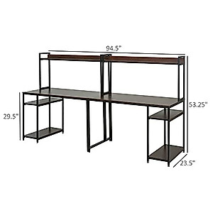 HOMCOM 94.5in Industrial Double Computer Desk with Hutch and Storage Shelves, Extra Long Home Office Writing Table 2 Person Workstation, CPU Stand, Brown Wood Grain