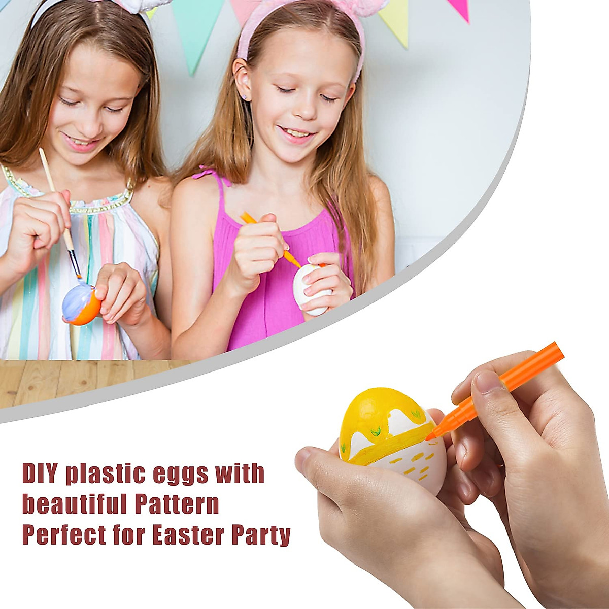 CCINEE Plastic DIY Easter Eggs Set, 30pcs White Egg Ornaments with Rope 8pcs Colored Pens and 80pcs Foam Stickers for Kids Easter Crafts Party Supply