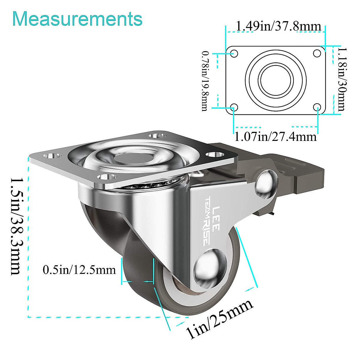 1" Low Profile Casters Wheels for furniture small casters Soft Rubber Caster Swivel with Locking Top Plate Castors 110 Lbs Load Capacity Casters set of 4 Rolling Smooth (2 with Brake and 2 without)