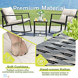 Devoko 3 Piece Rocking Bistro Set Wicker Patio Outdoor Furniture Porch Chairs Conversation Sets with Glass Coffee Table (Beige)