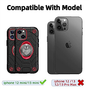 KCJ for iPhone 13 Mini case/iPhone 12 Mini case 5.4 Inch with Ring Holder, with 2 Pack Screen Protector + 1 Pack Camera Lens Protector,Heavy-Duty Military Grade Protector Cover. (Black+Red)