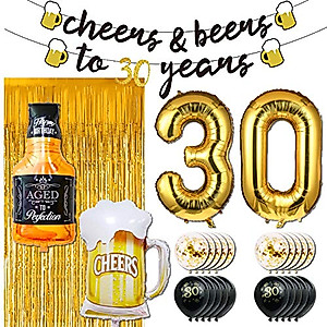 30th Birthday Decorations for Him, 30 Years Birthday Decorations with 40 Inch Gold Number Balloons, Banner, 30 Sign Latex Balloon, Fringe Curtains and Cups Foil Balloons