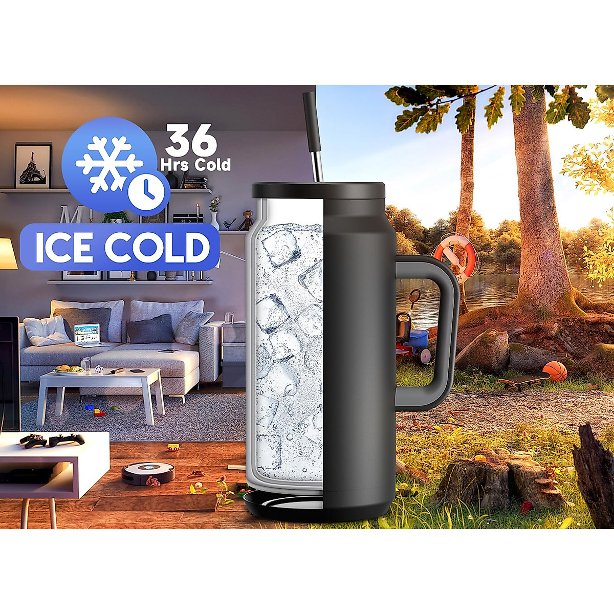 Meoky 64 oz Tumbler with Handle, Stainless Steel Vacuum Insulated Tumbler with Lid and Straw, Keeps Cold for 36 Hours, 100% Leak-proof, BPA-Free, Non-slip Base (Night)