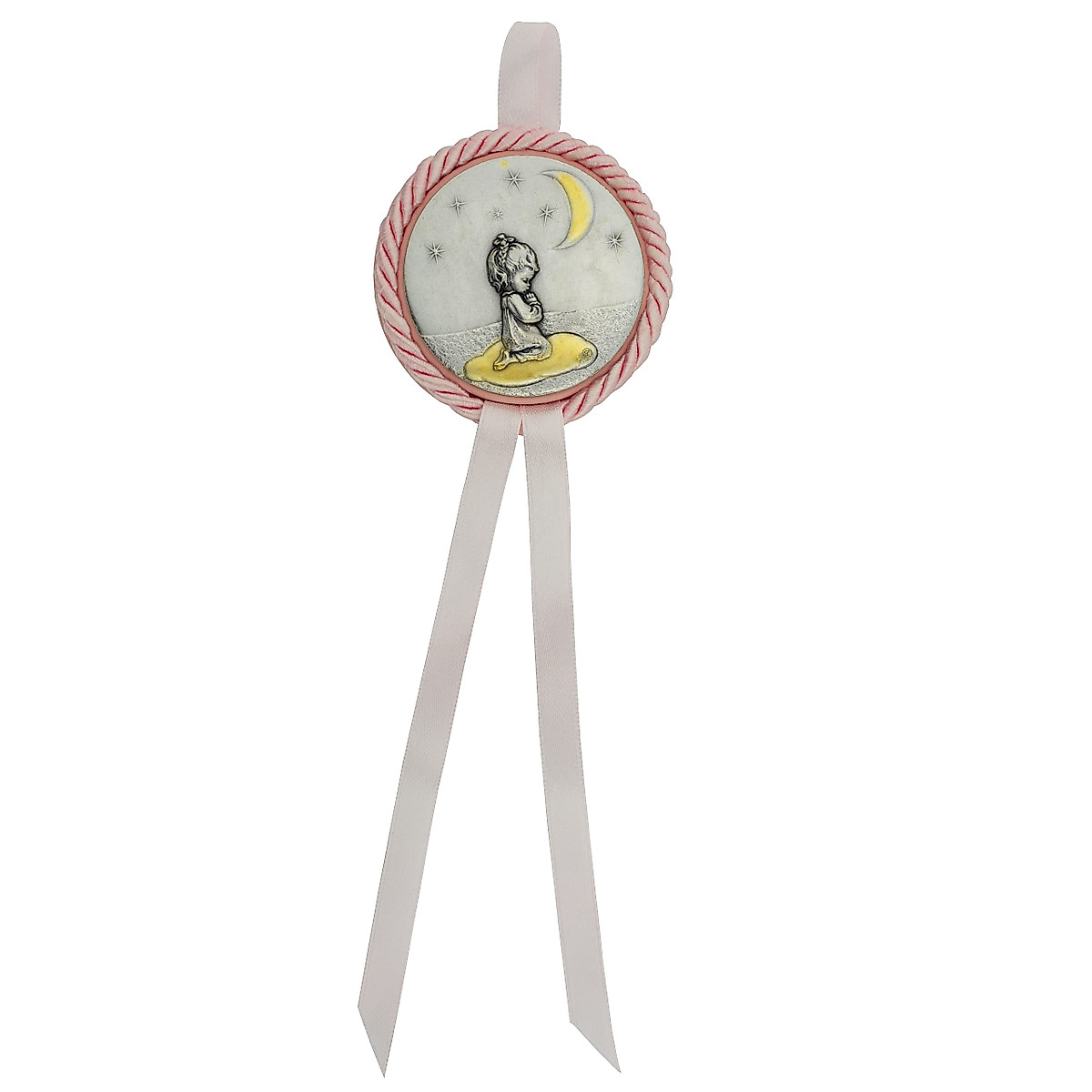 Crib Medal | Christian Religious Décor for Nursery | Great Gift for Baptism, Christening, or New Baby | Features Guardian Angel, Praying Child, or Holy Family | Made in Italy (Pink Praying Girl)