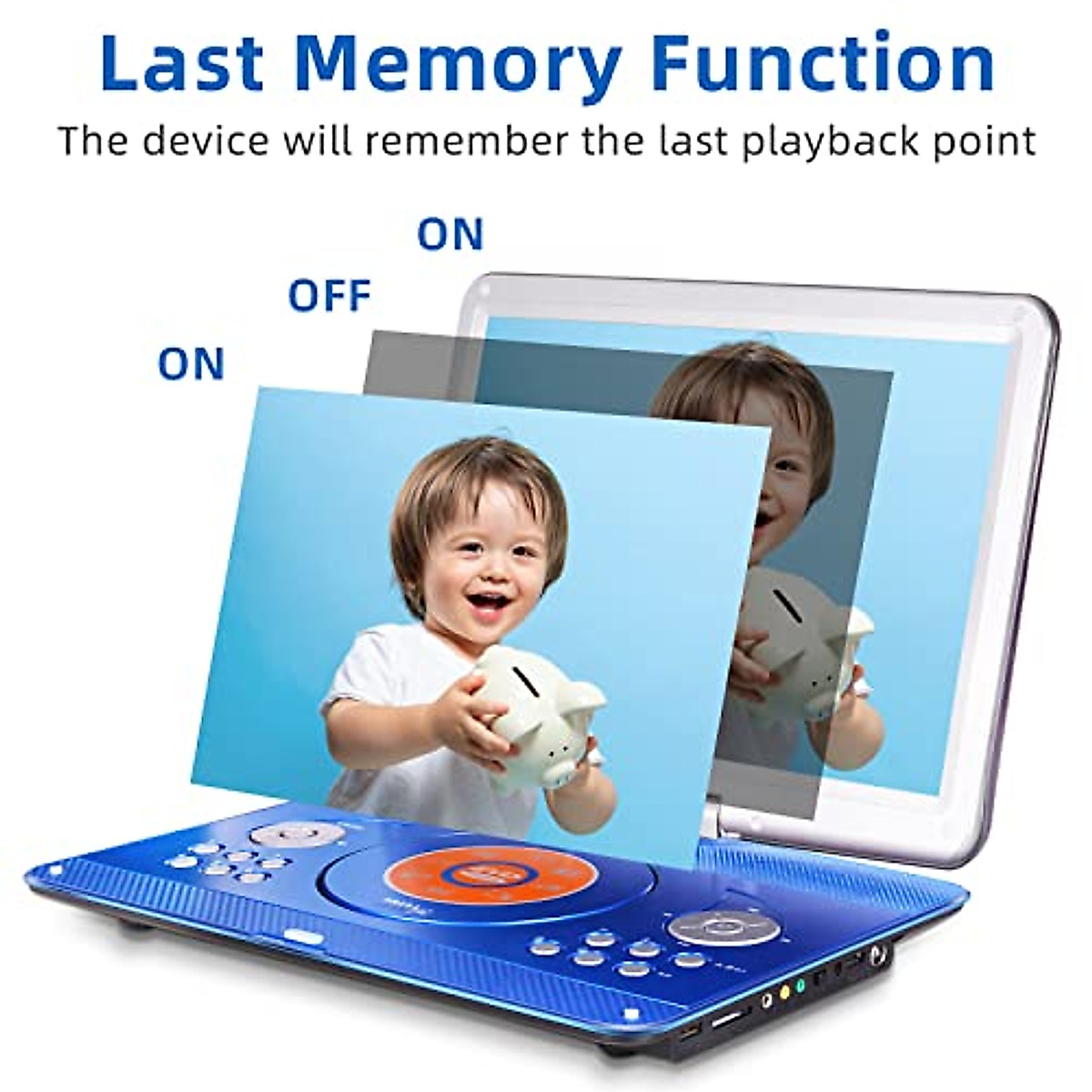 JEKERO 16.9" Portable DVD Player with 14.1" Large Swivel Screen, DVD Player Portable with 6 Hrs Rechargeable Battery, Mobile DVD Player for Kids, Sync TV, Support USB SD Card with Car Charger (Blue)