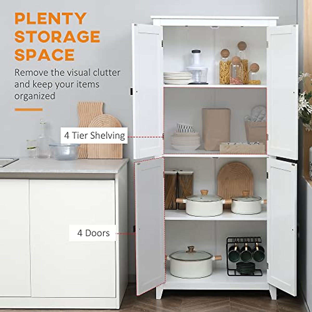 HOMCOM 72" Freestanding 4-Door Kitchen Pantry, Storage Cabinet Organizer with 4-Tiers, and Adjustable Shelves, White