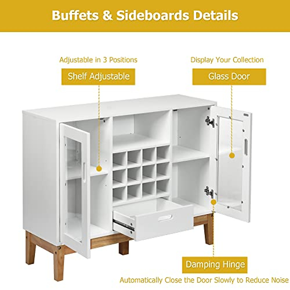 PETSITE White Sideboard Buffet Storage Cabinet with Removable Wine Rack, Glass Doors, Open Shelf & Drawer, Wood Accent Console Table for Living Room, Entryway