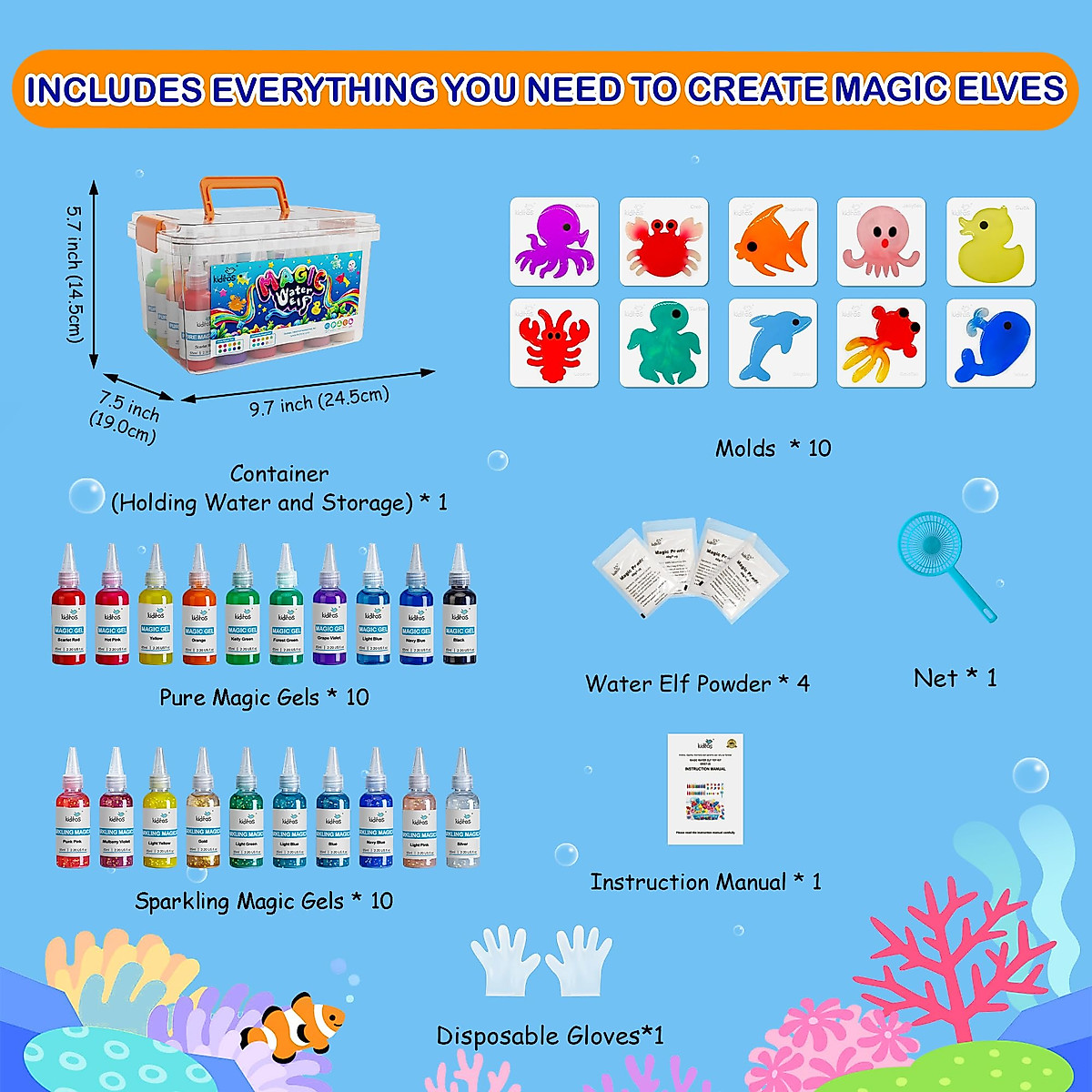 Kiditos Magic Water Elf Toy Kit,Aqua Fairy Water Gel kit with 20 Magic Gel&10 Molds-Easter Craft,Water Pets,Birthday Gifts,Party Favors,Make Your own Squishies Toys DIY Craft Kit for Kids Ages 3+