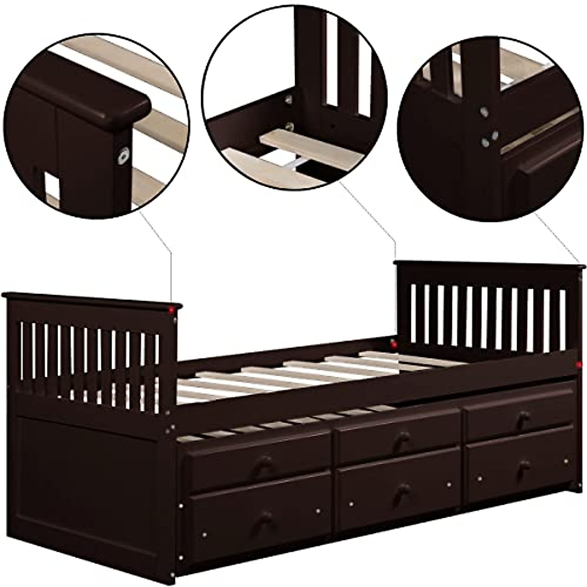 UBGO 3-in-1 Twin Sofa Bed, Wooden Furniture Set with Rollers and 3 Storage Drawers, Captain Sofa Bed Frame for Boys Girls Small Space Bedrooms, Espresso