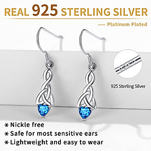 ChicSilver 925 Sterling Silver Irish Celtic Earrings Hypoallergenic Ocean Blue Aquamarine Topaz March Birthstone Gem Stone Heart Dangle Drop Earrings Celtic Knot Jewelry