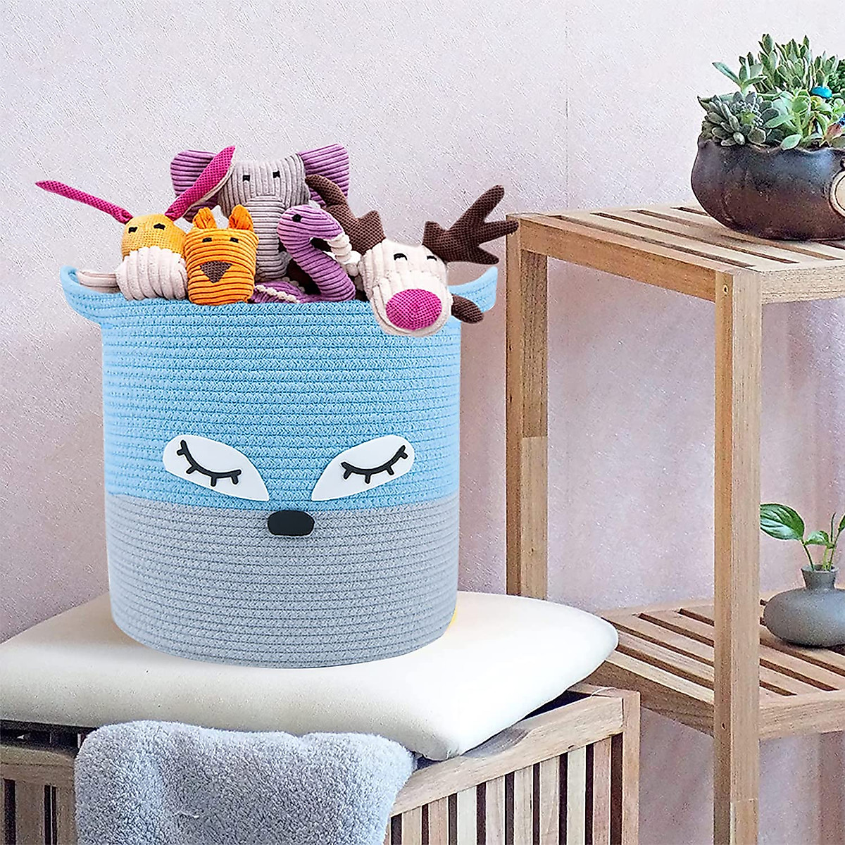 Erumly Cute Cotton Rope Basket, Storage Basket, Baby Laundry Basket, Nursery Organizers and Storage, Baby Hamper, Kids Basket, Toy Bin, Dog Cat Toy Baskets, Baby Gift Basket | 13.7 x 13.7 (Blue)