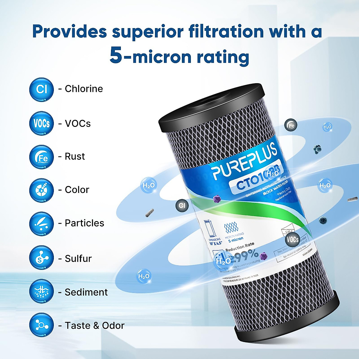 PUREPLUS Coconut Shell Water Filter Cartridge | Activated Carbon Block CTO | Universal Whole House 5 Micron 10 inch Cartridge | Compatible with WFHDC8001, CB-BB-10, EPM, EP-BB, 3Pack