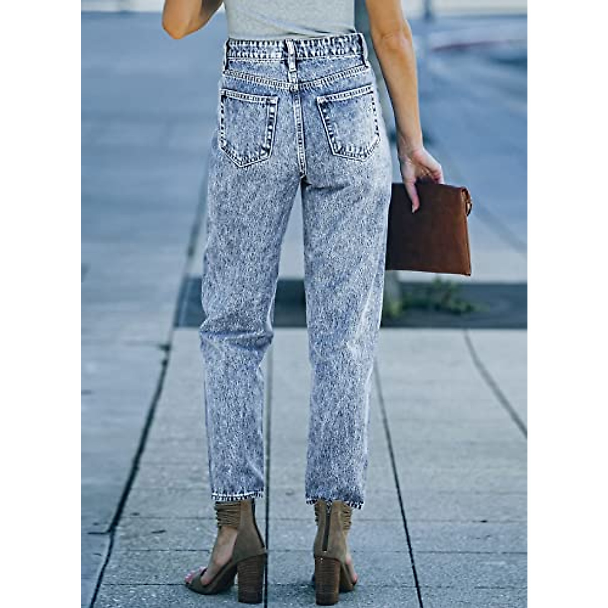 Sidefeel Womens High Waist Mom Jeans Washed Stretch Loose Fit Denim Pants US14 Sky Blue