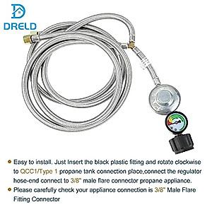 5 Feet Y-Splitter Stainless Braided Hose to 3/8" Female Flare Fitting, Low Pressure Propane Regulator Adapter with Tank Gauge Level Indicator, for LPG Gas Grill, Heaters, Fire Pit Table