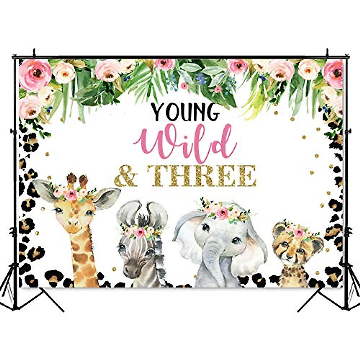 Mocsicka Young Wild and Three Backdrop Girls Safari Theme 3rd Birthday Party Decoration 7x5ft Pink Floral Leopard Photo Background for Birthday Banner (7x5ft (82x60 inch))
