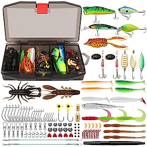 GOTOUR Fishing Lures Accessories Kit with Tackle Box, Fishing Hooks Minnow Crankbait Frog Popper Lure Worm Fishing Spoon Spinner Bait for Bass Crappie, Fishing Gear Freshwater Equipment Gifts for Men