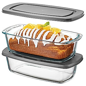 FineDine Glass Loaf Baking Pan with Lid - 2-Pack with BPA-free Airtight Lids - Perfect for Baking Bread, Meatloaf, and More, Gray