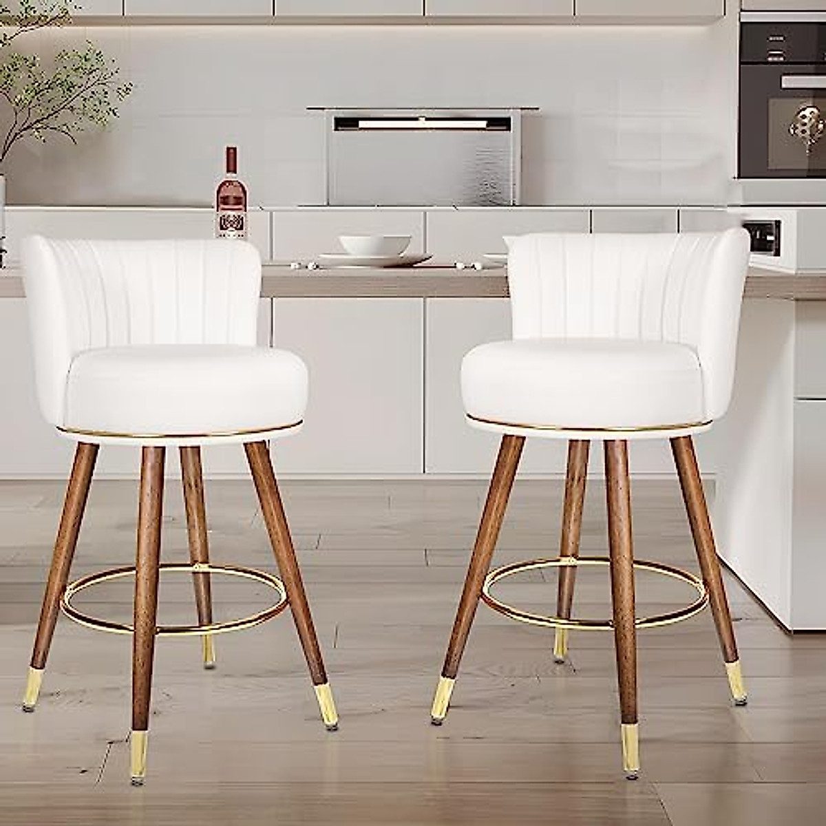 SeekFancy 27" Swivel Bar Stools Set of 4, Counter Heigh Bar Stools with Back, White & Gold Bar Stools with Wood Legs & Footrest, Upholstered Swivel Counter Stools,Leather Bar Chairs for Kitchen Island