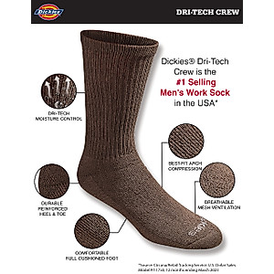Dickies Men's Dri-Tech Essential Moisture Control Crew Socks, Available in M-XXL (6, 12, Solid Brown (6 Pairs), Large