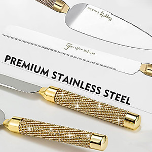 ROXBURGH Wedding Cake Knife and Server Set, 420 Stainless Steel Gold Cake Cutter and Pie Server Slicer, Rhinestones Studded Handle Cake Cutting Set for Wedding, Engagement Present for Groom and Bride