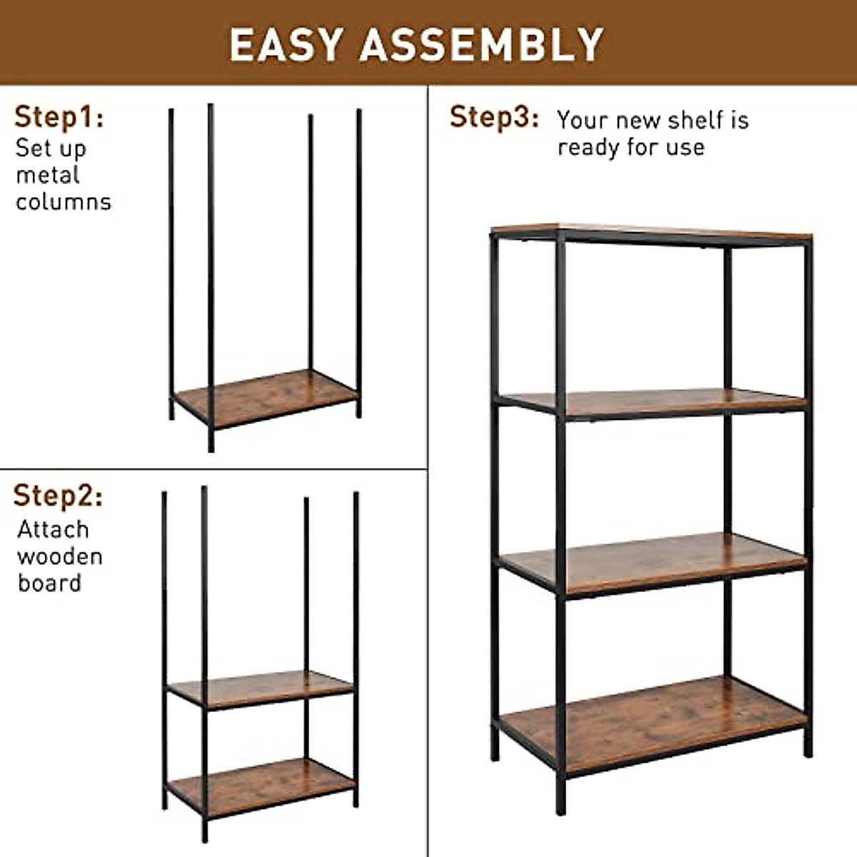 ECOMEX 4 Tier Bookshelf, Tall Bookcase with Metal Frame for Stroge,Industrial Bookshelf and Bookcases for Bedroom,Livingroom,Office Brown