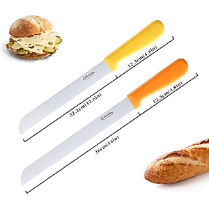 2PCS Bread Knives, Ohola 9 inch Orange Handle Bread Knife & 8 inch Yellow Handle Bread Knife, Serrated Bread Knife Cutter for Slicing Homemade Bread, Bagels, Cake (Matched Knife Sheath Included)