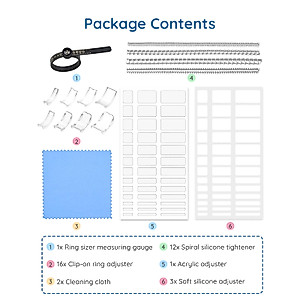 Ring Sizer Adjuster for Loose Rings, 187 Piece Ring Size Adjuster Set, w/16 Plug-in Invisible Ring Adjuster, 12 Spiral Silicone Tightener Set,Fit Any Rings,156 EVA Stickers w/Ring Size Measuring Tool