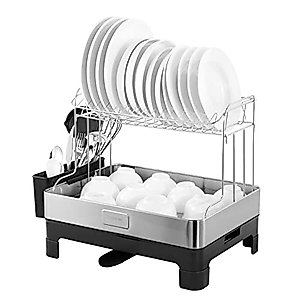 happimess DSH1004A Simple 20.75' Fingerprint-Proof Stainless Steel 2-Tier Dish Drying Rack, Dish Rack with Swivel Spout Tray, Utensil Holder, Stainless Steel/Black, Silver/Black