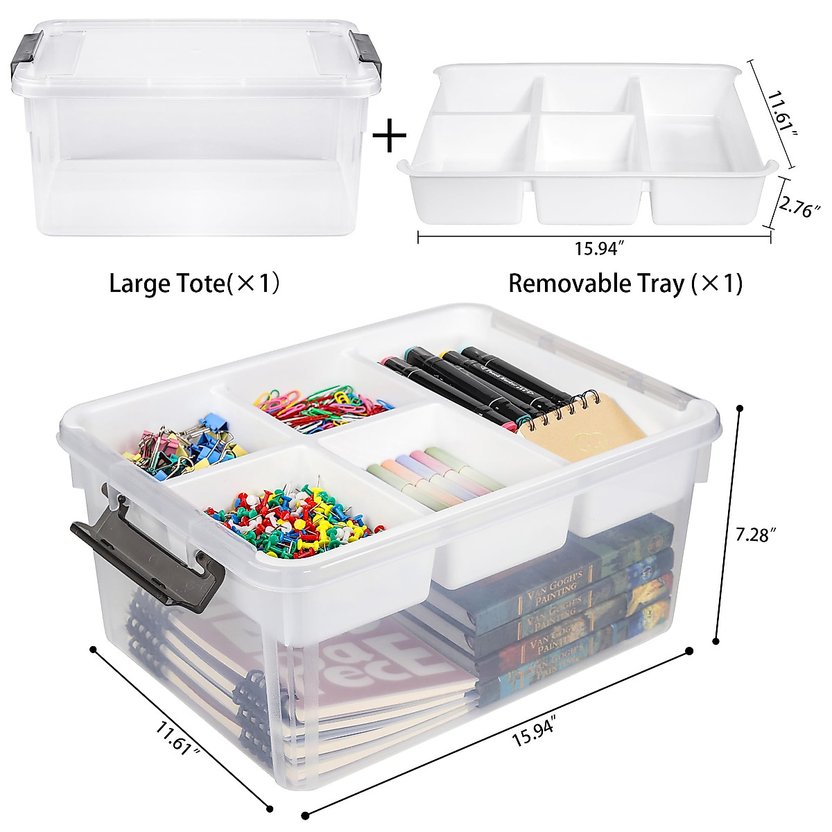 17 QT Plastic Storage Bin with Lid, Clear Organizing Container with Removable Tray, Multipurpose Stackable Storage Box for Home, Office and School Supplies