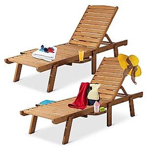 FURNDOOR Outdoor Chaise Lounge Set of 2, Adjustable Pool Lounge Chair with 4 Positions Backrest, Pull-Out Tray for Garden Beach Patio (Natural)